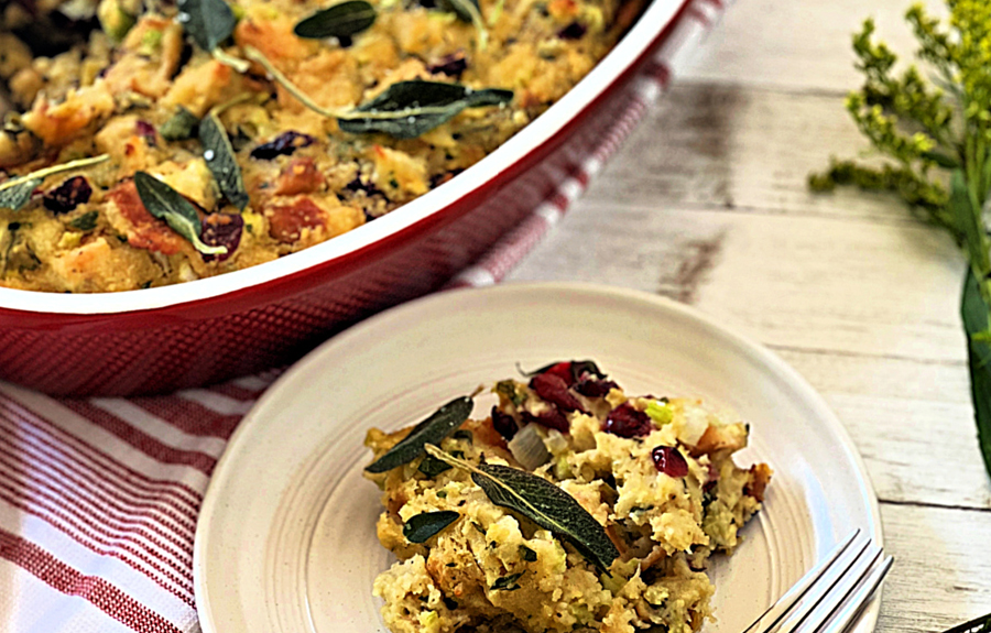 Cranberry Sage Stuffing with Fried Sage Leaves